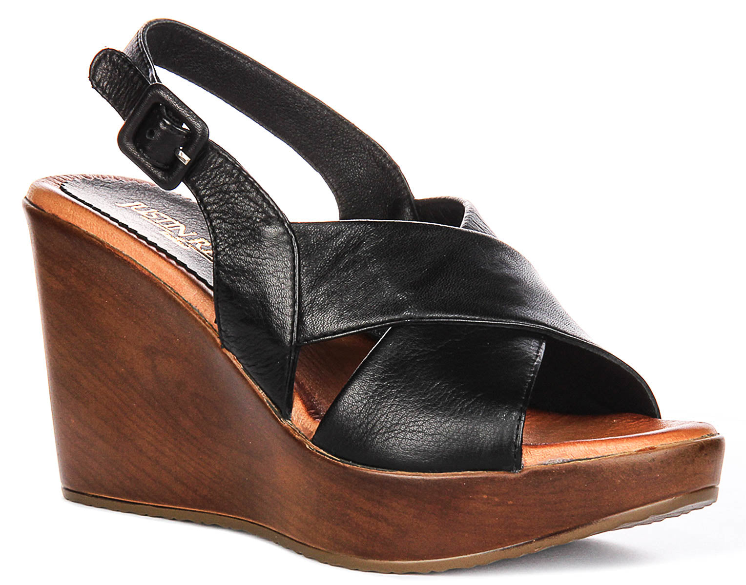 Justinreess England Celeste Black For Women | Leather Wedge Sandals ...