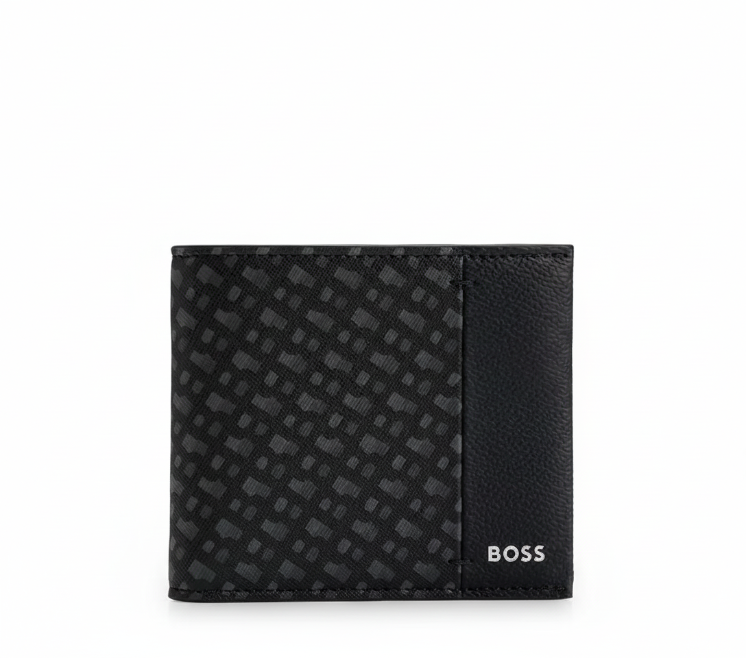 Boss Zair Monogram Wallet with foil-embossed logo 8 Card Slots In Black ...