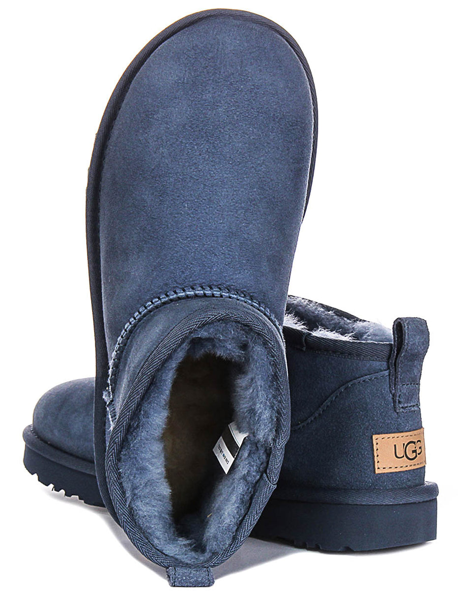Ugg Australia Sheepskin Suede Ankle Boots Dark Blue | Womens Ultra Mini ...
