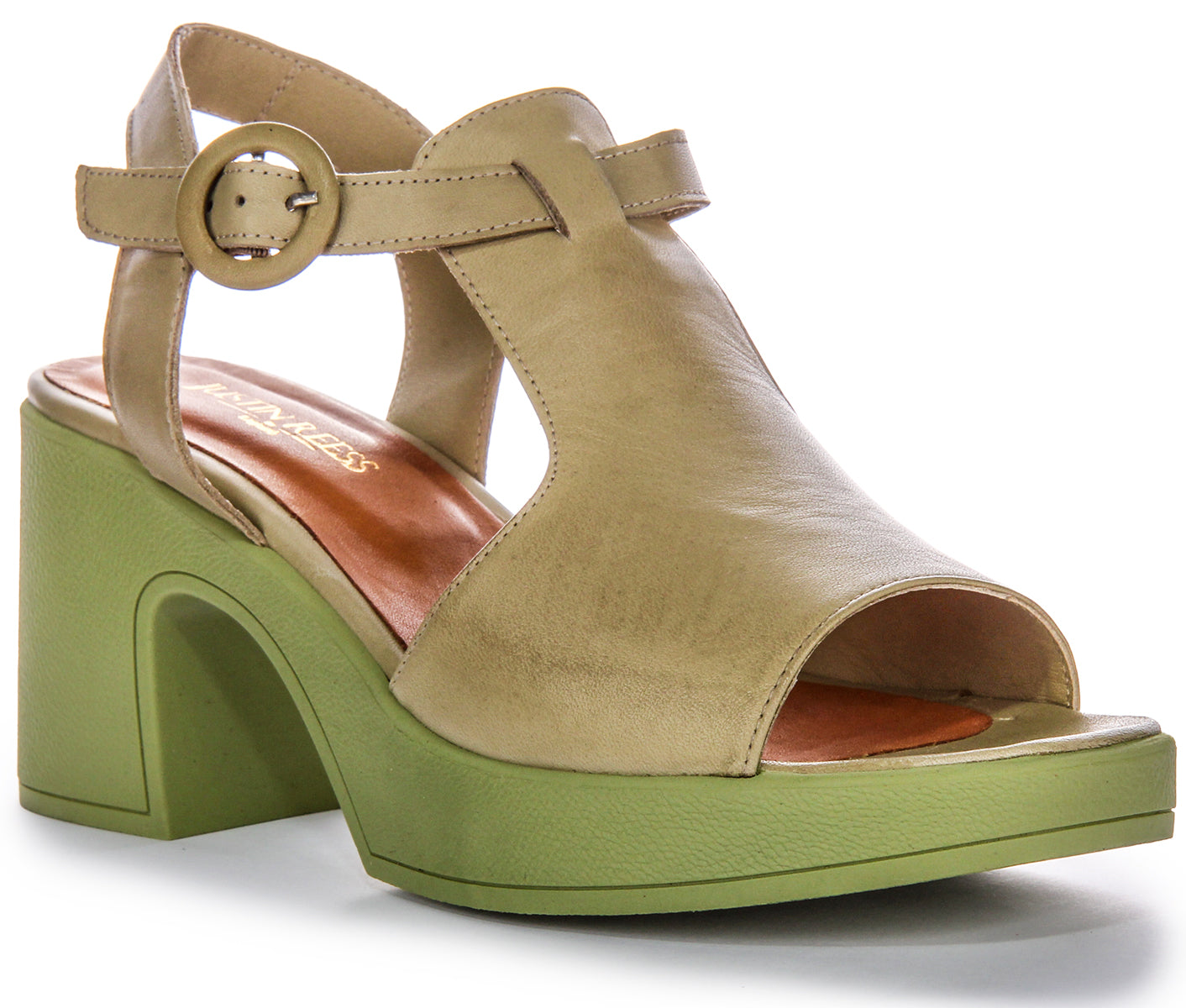 JUSTINREESS England Yuka In Olive | 8cm Heel Leather Open Heel Shoes ...