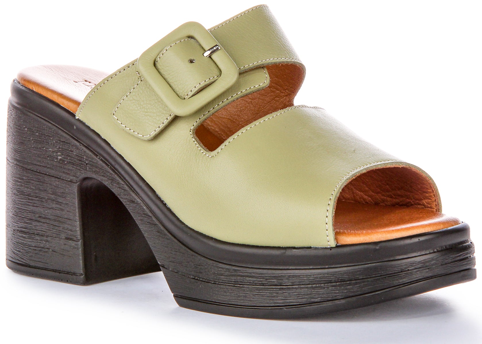 Justinreess Womens Mid Heel Open Toe Mint Buckle Leather Sandals ...