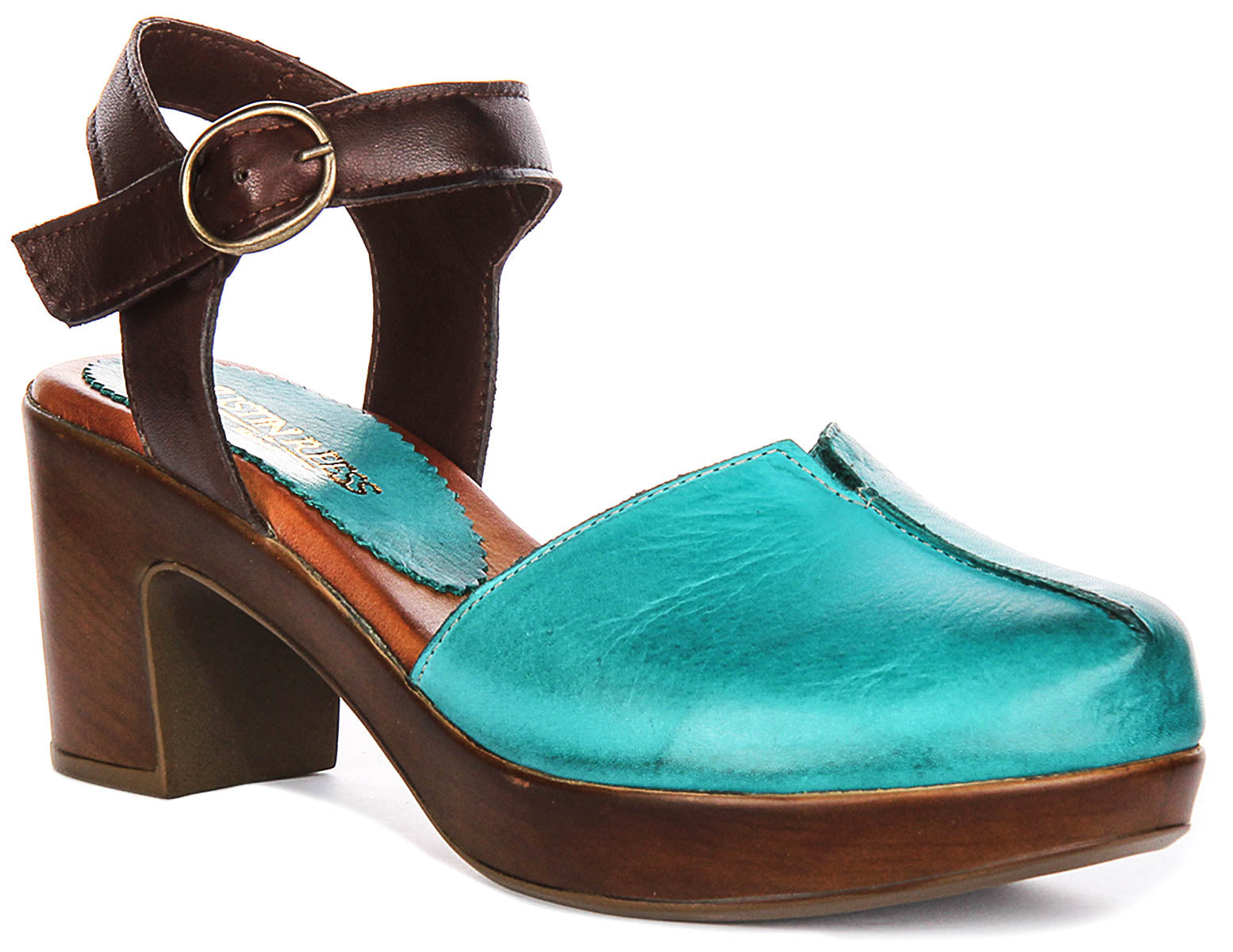 Justinreess England Sierra In Teal For Women | Leather Mid Heel Sandal ...