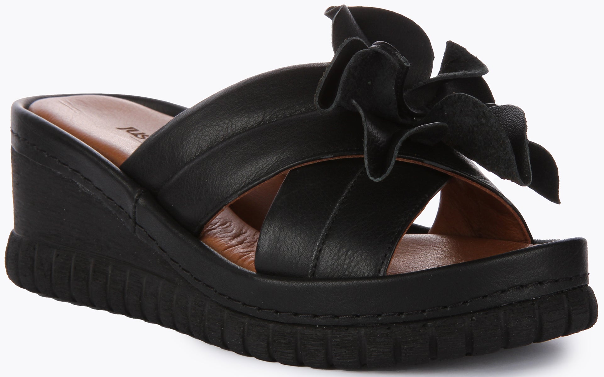 Justinreess England Ariel In Black For Women | Leather Wedge Flower ...