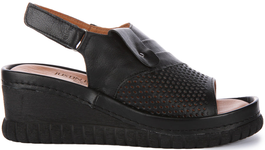 Justinreess England Womens Wedge Comfort Open Toe Black Leather Sandal ...