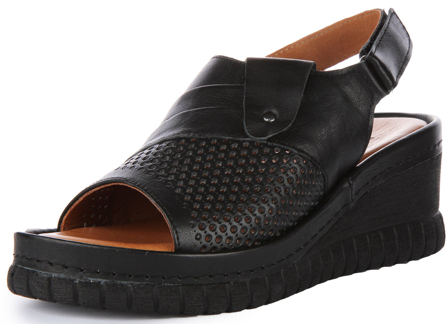 Justinreess England Womens Wedge Comfort Open Toe Black Leather Sandal ...