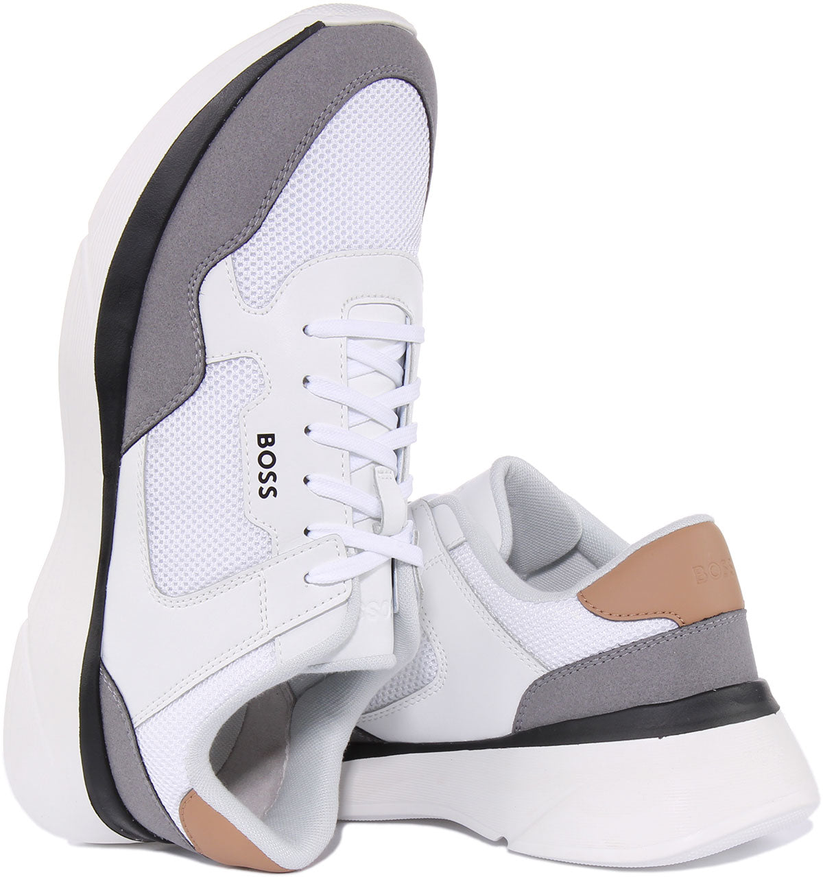 Boss Dean Run In White Grey For Men | Lace Up Mesh Trim On Trainers ...