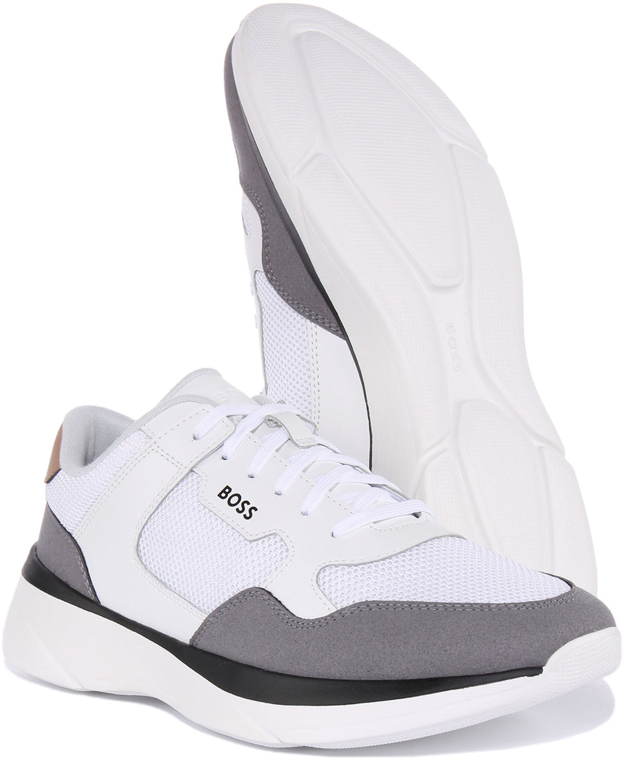 Boss Dean Run In White Grey For Men | Lace Up Mesh Trim On Trainers ...