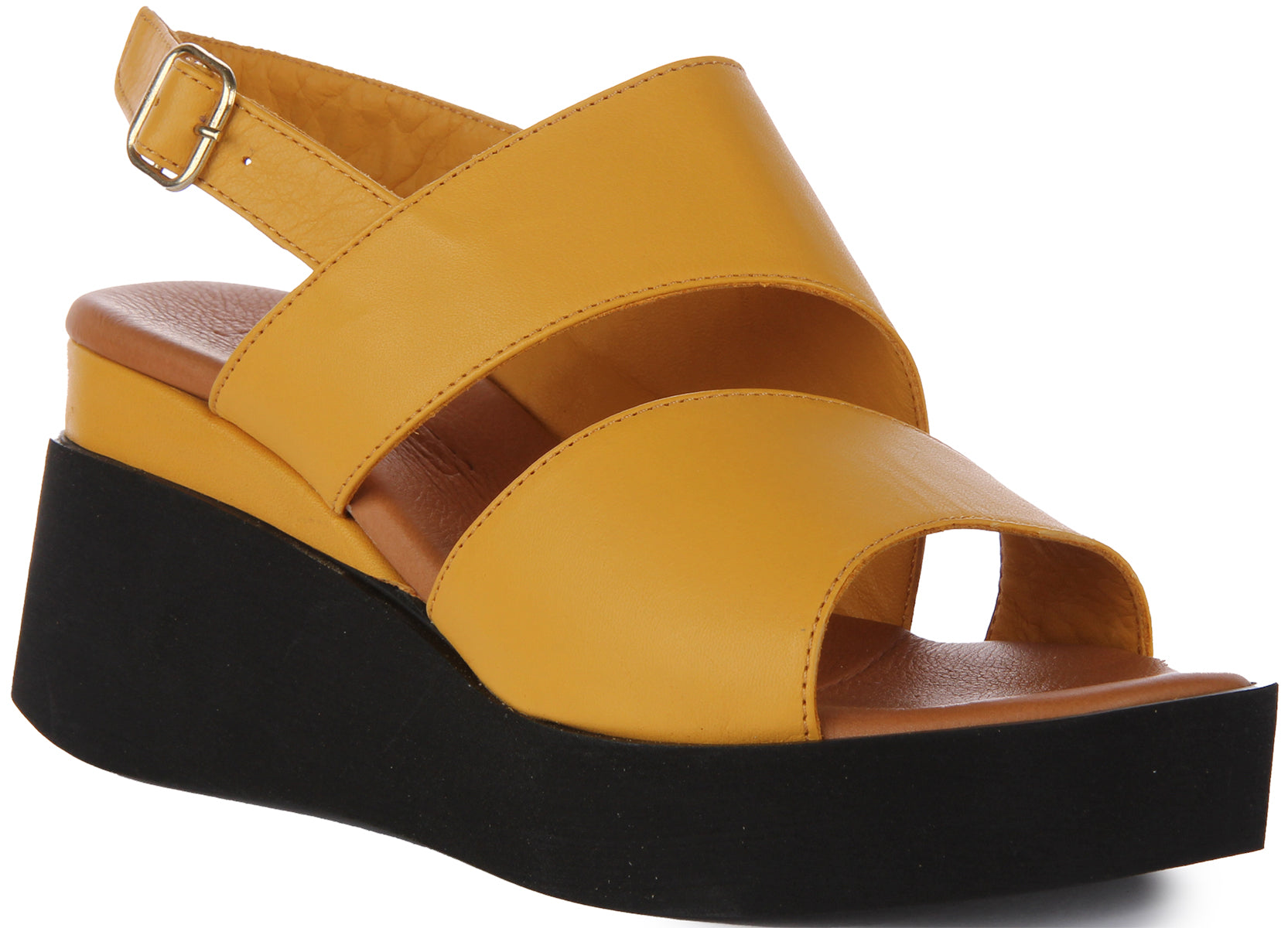 Justinreess England Womens Square Toe Wedge Yellow Leather Sandals ...